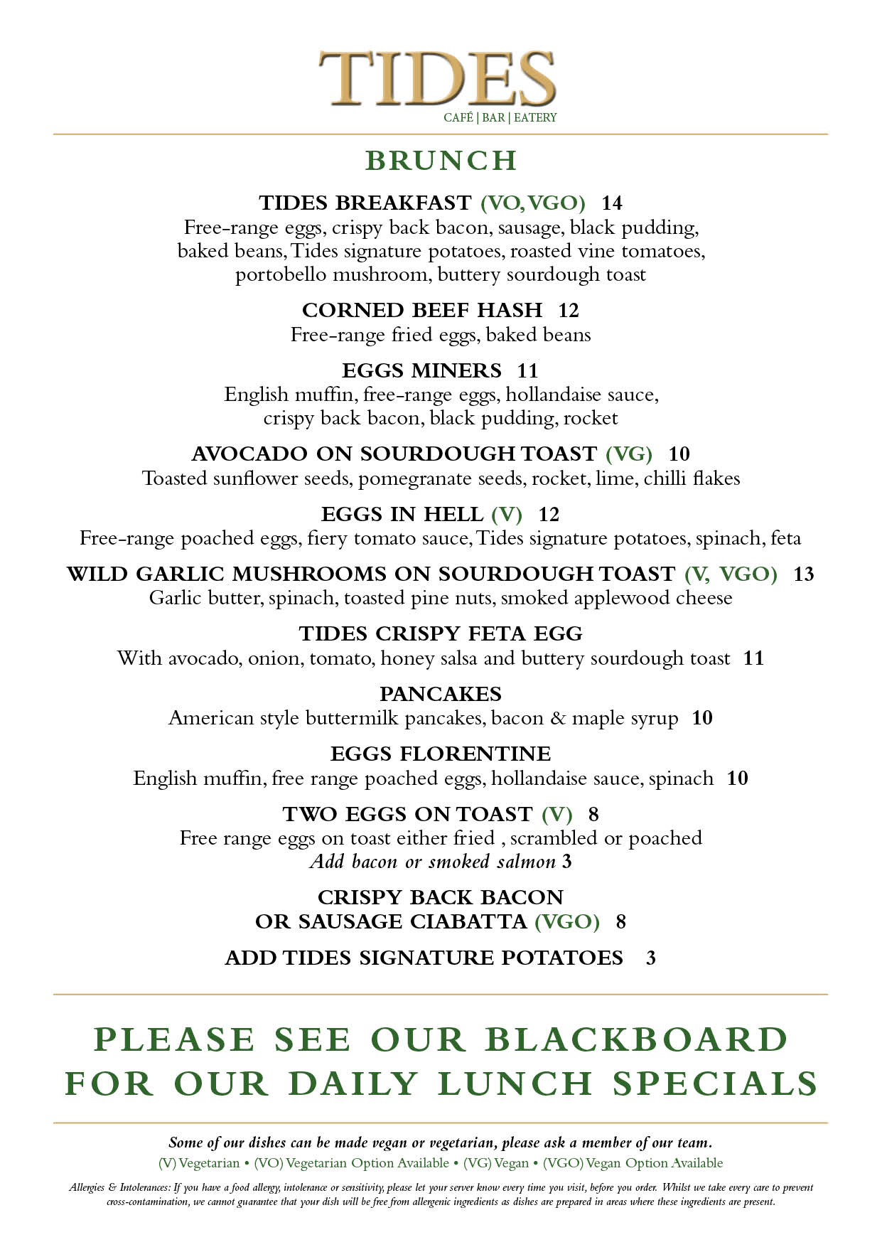 Menus | Tides Cafe