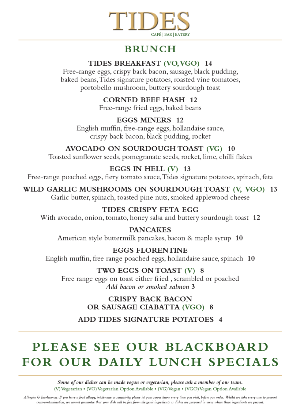 Menus | Tides Cafe