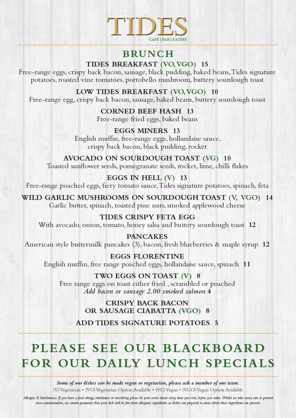 Menus | Tides Cafe
