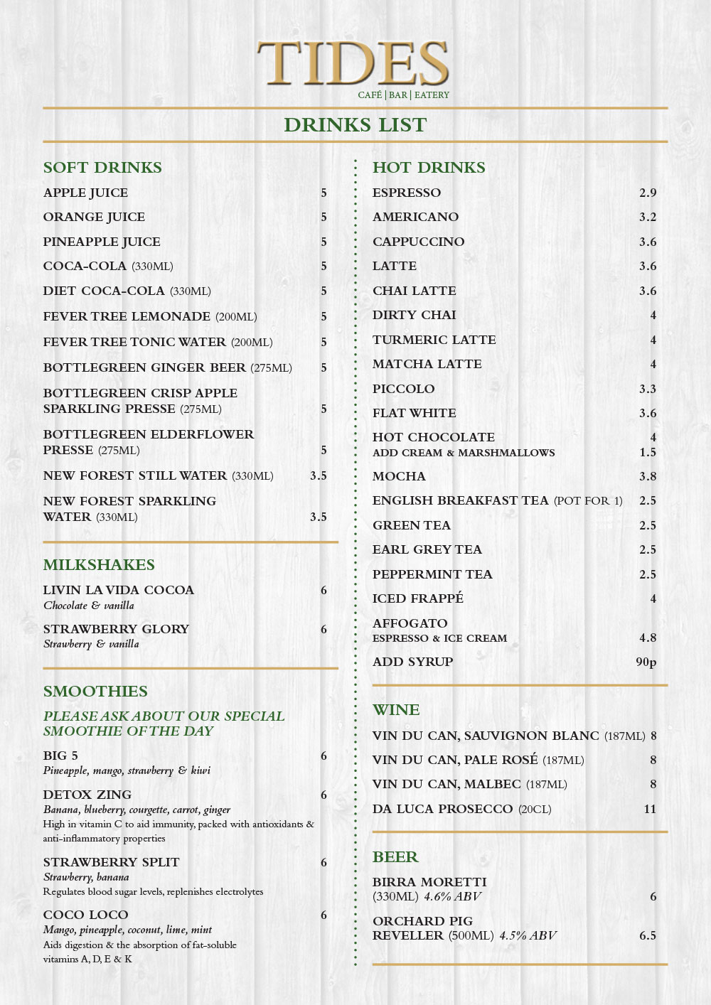 Menus | Tides Cafe